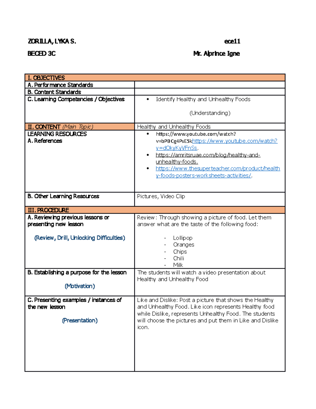 Lesson Plan Healthy AND Unhealthy Foods ZORILLA LYKA S Ece 11 BECED