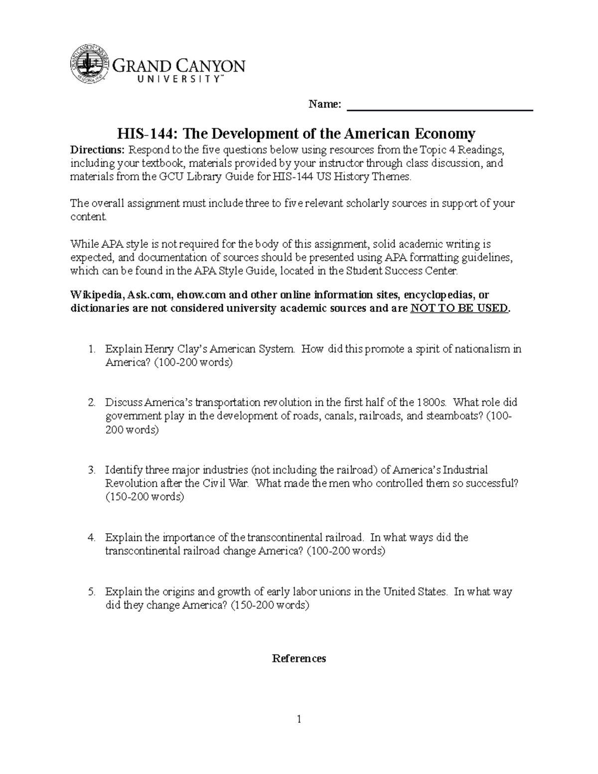 HIS-144 - Worksheet - Name: HIS-144: The Development of the American ...