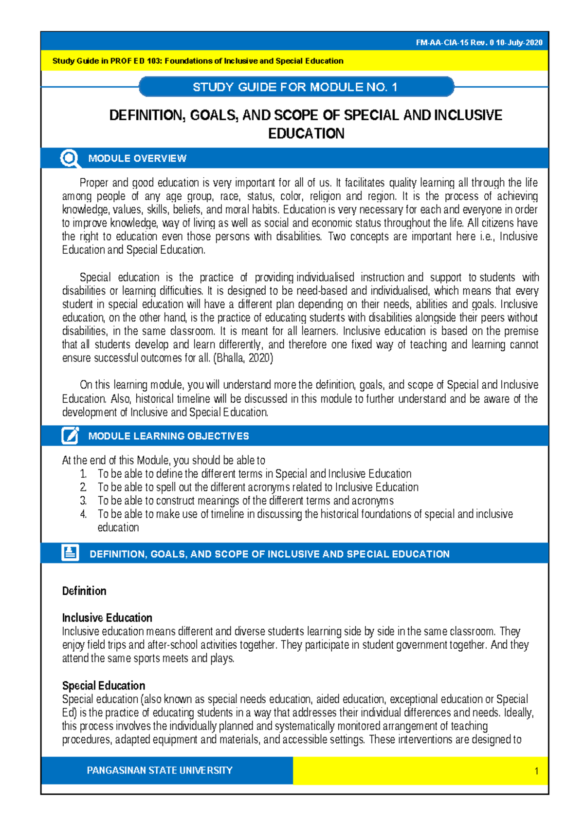 Study Guide Module 1 Foundations of Special and Inclusive Education - STUDY GUIDE FOR MODULE NO ...