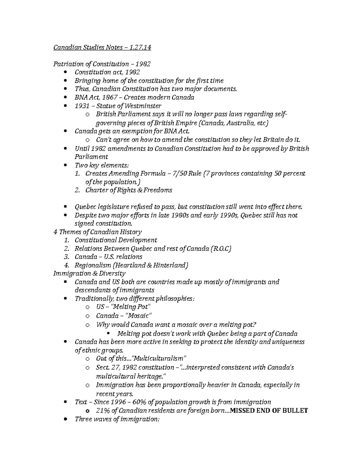 Canadian Studies Notes – 1/27/14 - Canadian Studies Notes – 1.27 ...