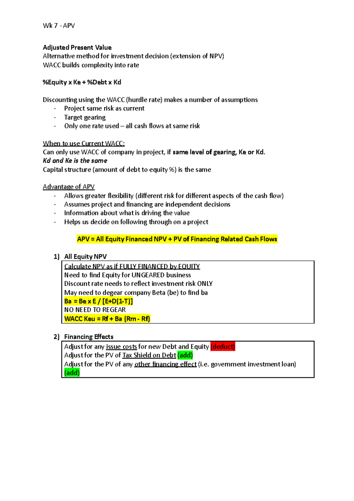 Wk 7 - Adjusted Present Value - Wk 7 - APV Adjusted Present Value ...
