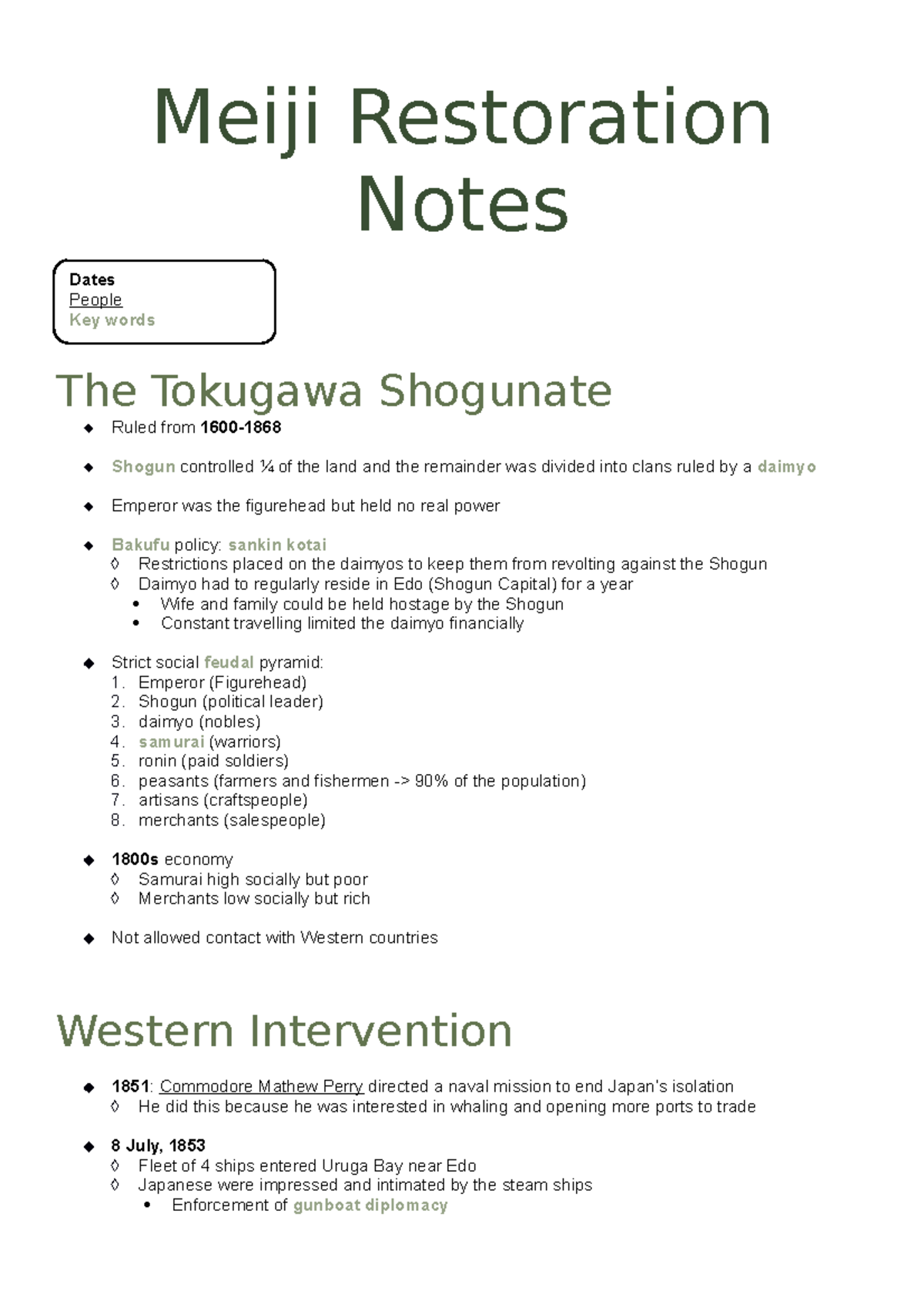 Meiji Restoration Notes - Meiji Restoration Notes The Tokugawa ...