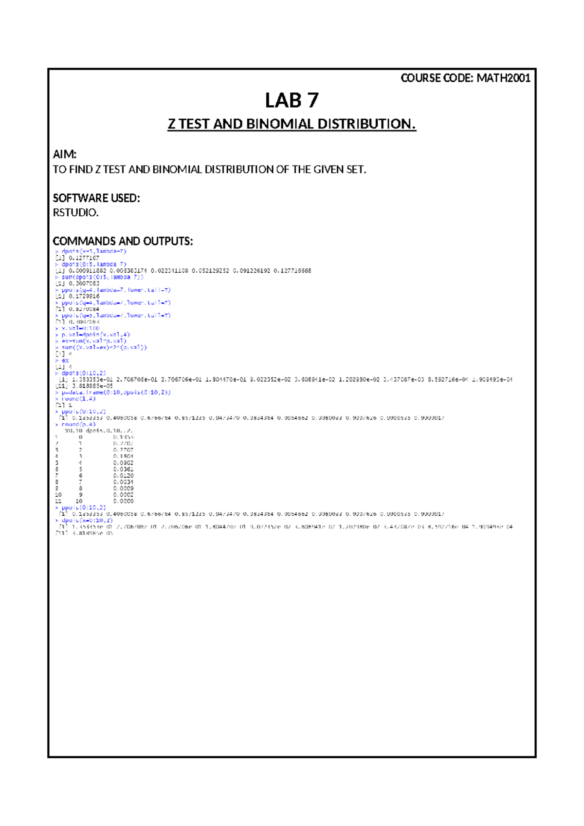 Lab7 MAT2001 - R studio - Statistics for Engineers - COURSE CODE: MATH ...