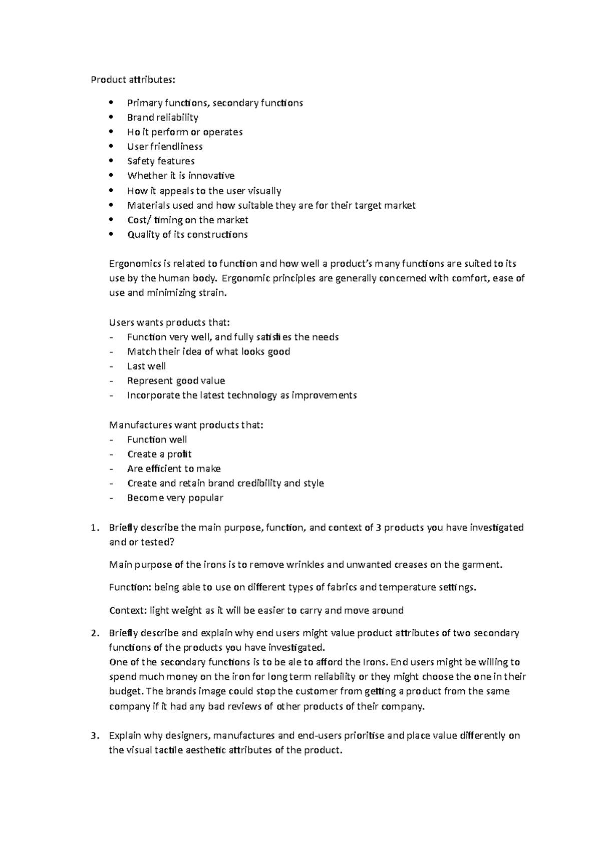 12 PDT SAC 3 Notes - Product attributes: Primary functions, secondary ...