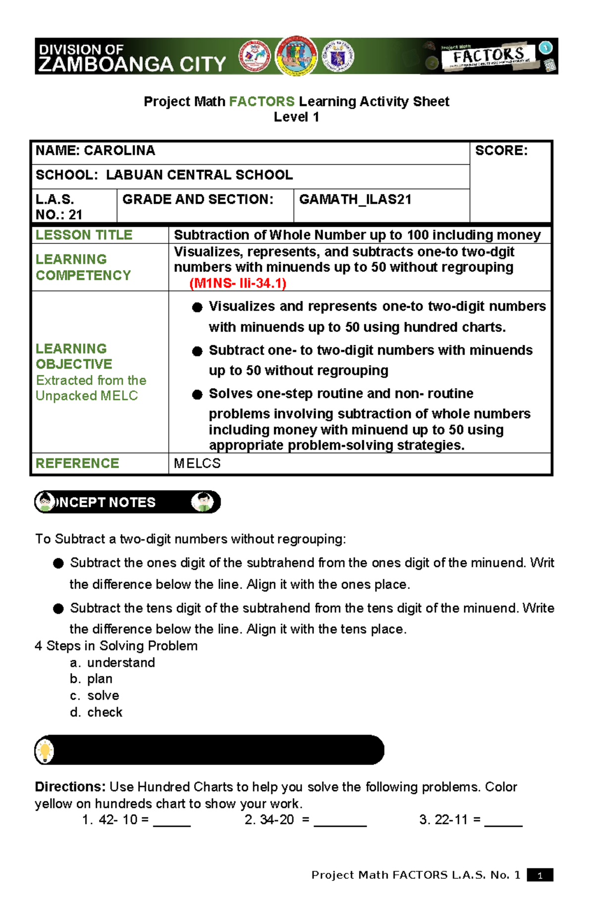 G1 MATH ILAS21 - Project Math FACTORS Learning Activity Sheet Level 1 ...