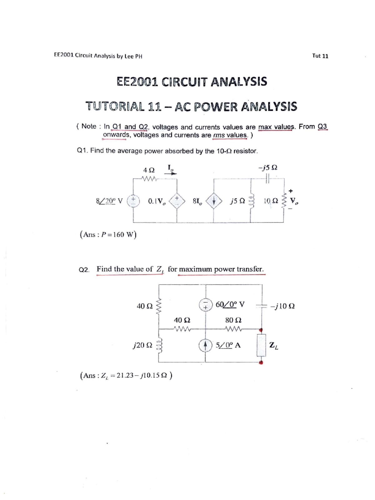 EE2001 CA Tut 11 Solutions - EE2001 Circuit Analysis by Lee PH rE2001 C!RCUIT ANALYSIS - Studocu