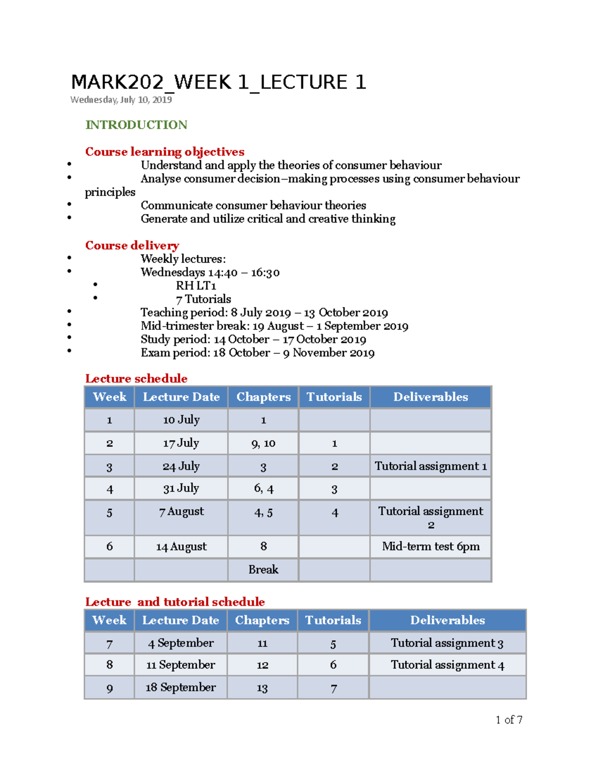 MARK202 WEEK 1 Lecture 1 - MARK202_WEEK 1_LECTURE 1 Wednesday, July 10, 2019 INTRODUCTION Course ...