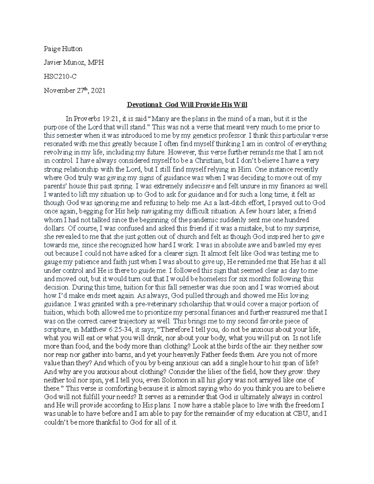 HSC210 Devotional - Paige Hutton Javier Munoz, MPH HSC210-C November ...
