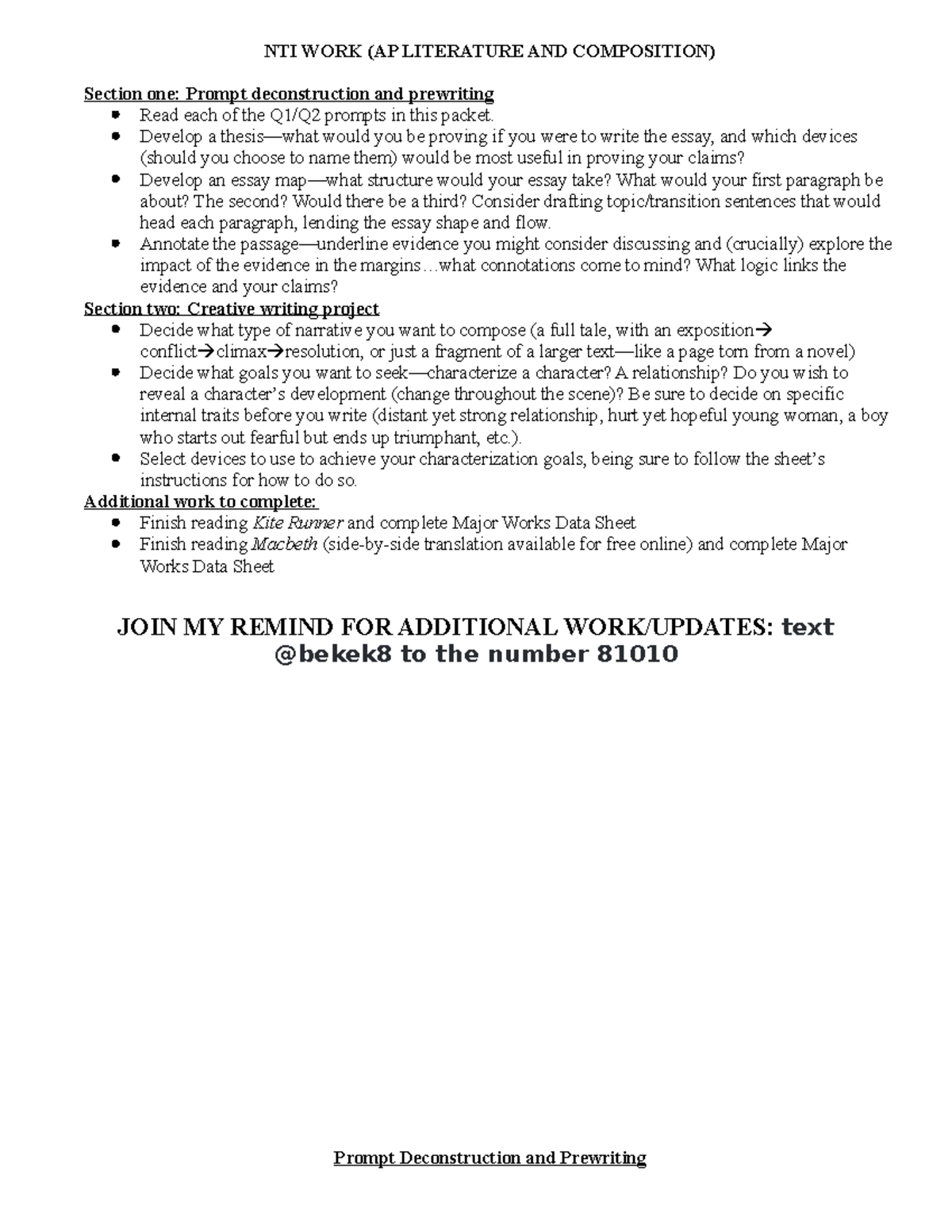 AP Lit and Comp NTI Work - English - NTI WORK (AP LITERATURE AND ...