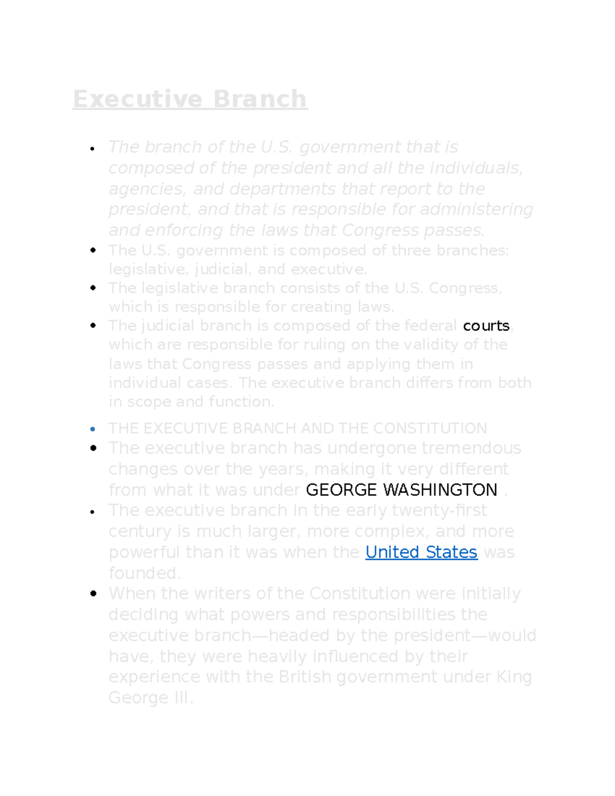 Week 4 notes Executive Branch - Executive Branch The branch of the U ...