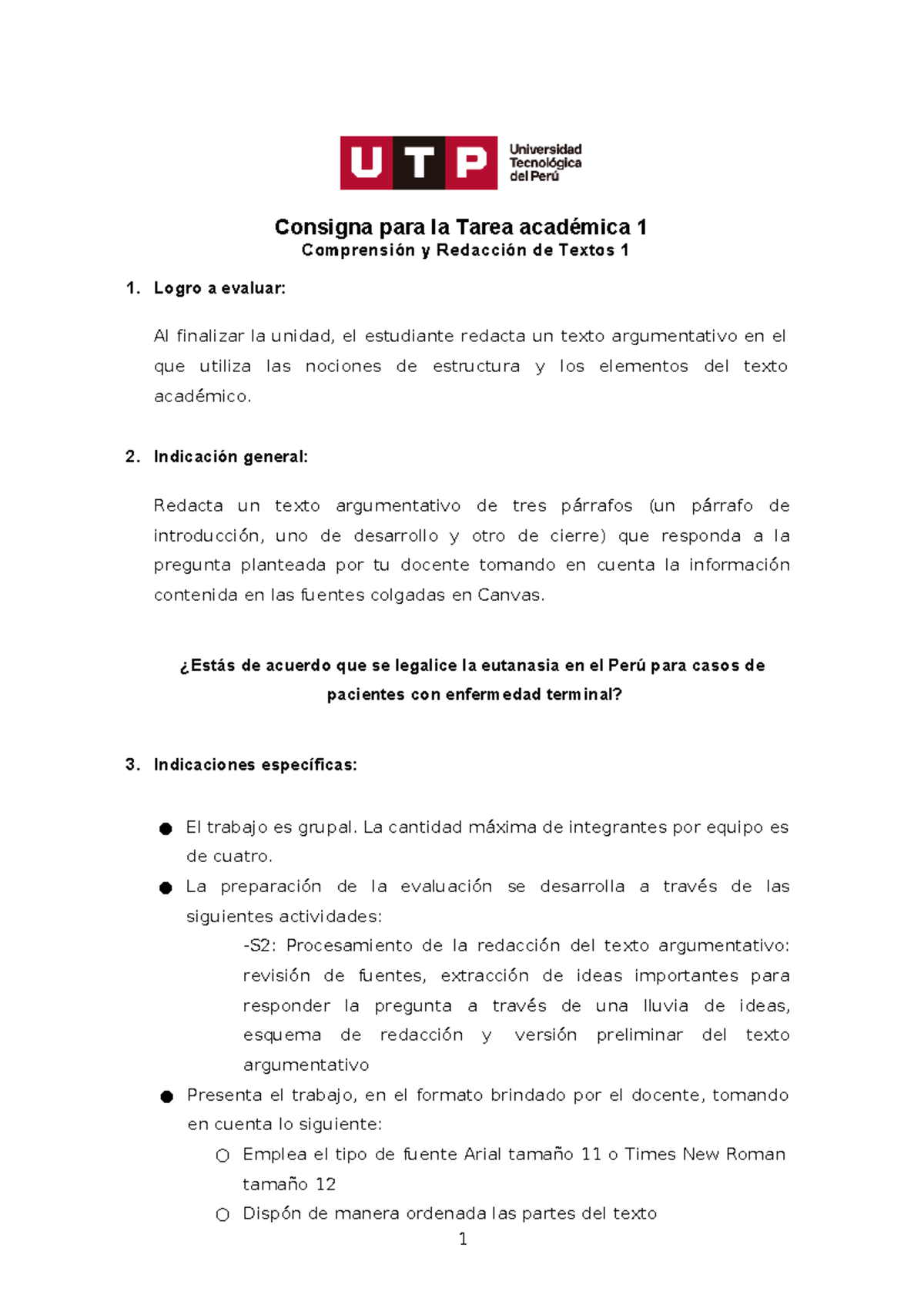 A01L TA1Consigna 22C2A-1 - Consigna para la Tarea académica 1 Comprensión y Redacción de Textos ...
