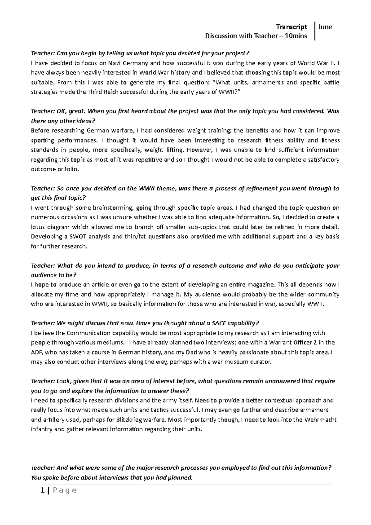 Discussion with teacher Project - Transcript Discussion with Teacher ...