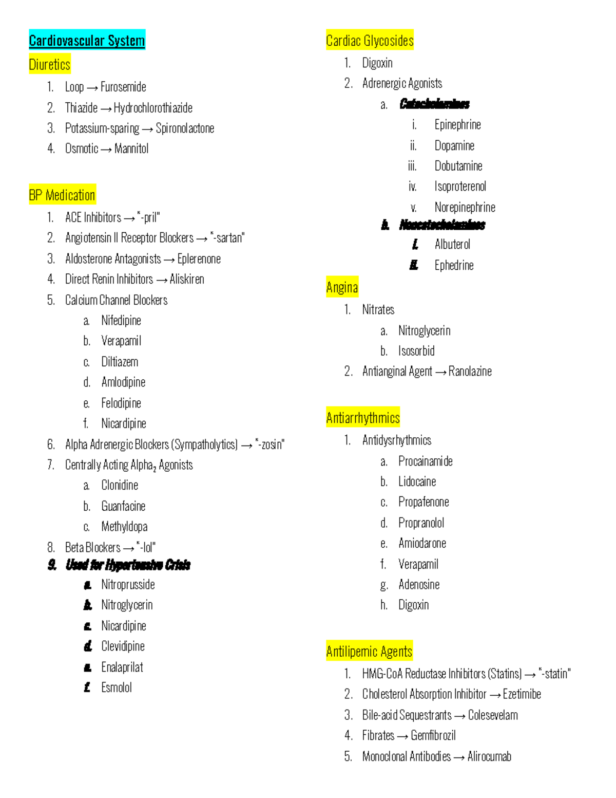 Pharmacology Review - Medication classes organized into a document ...