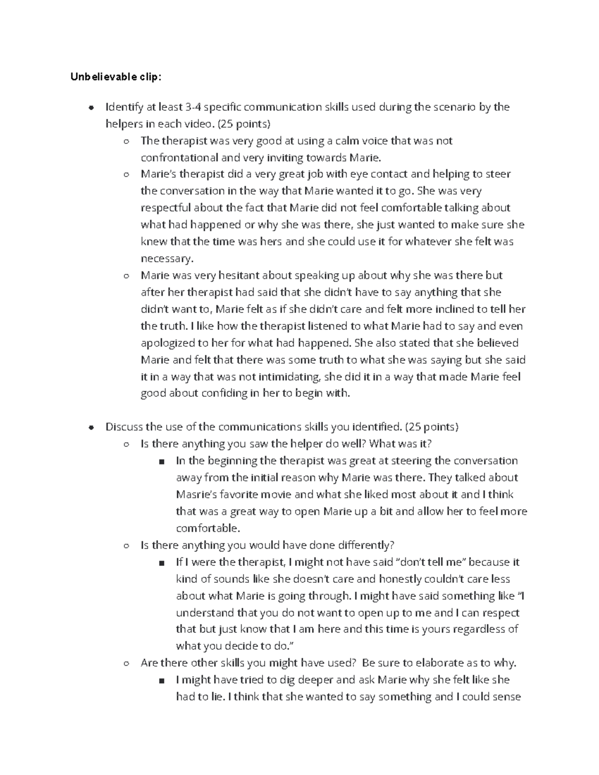 Video Assignment SLWK 230 - Unbelievable clip: Identify at least 3-4 ...