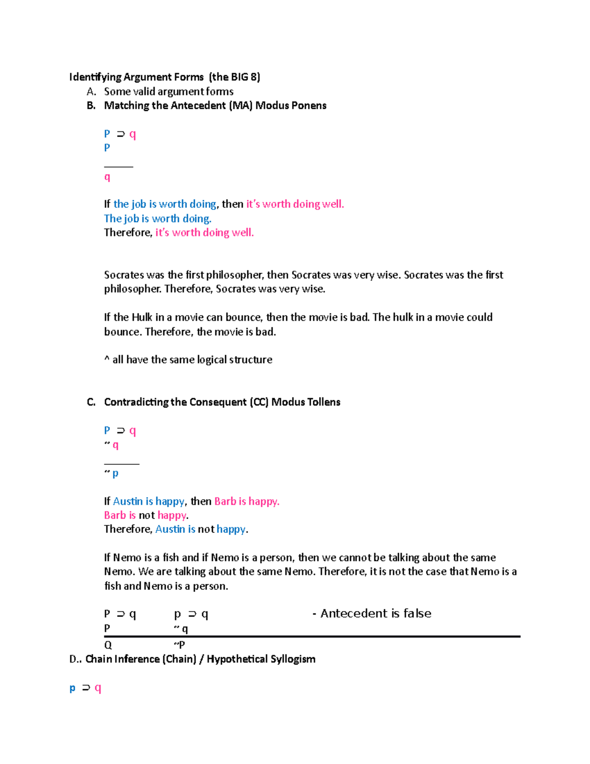 Identifying Argument Forms - Some valid argument forms B. Matching the Antecedent (MA) Modus ...