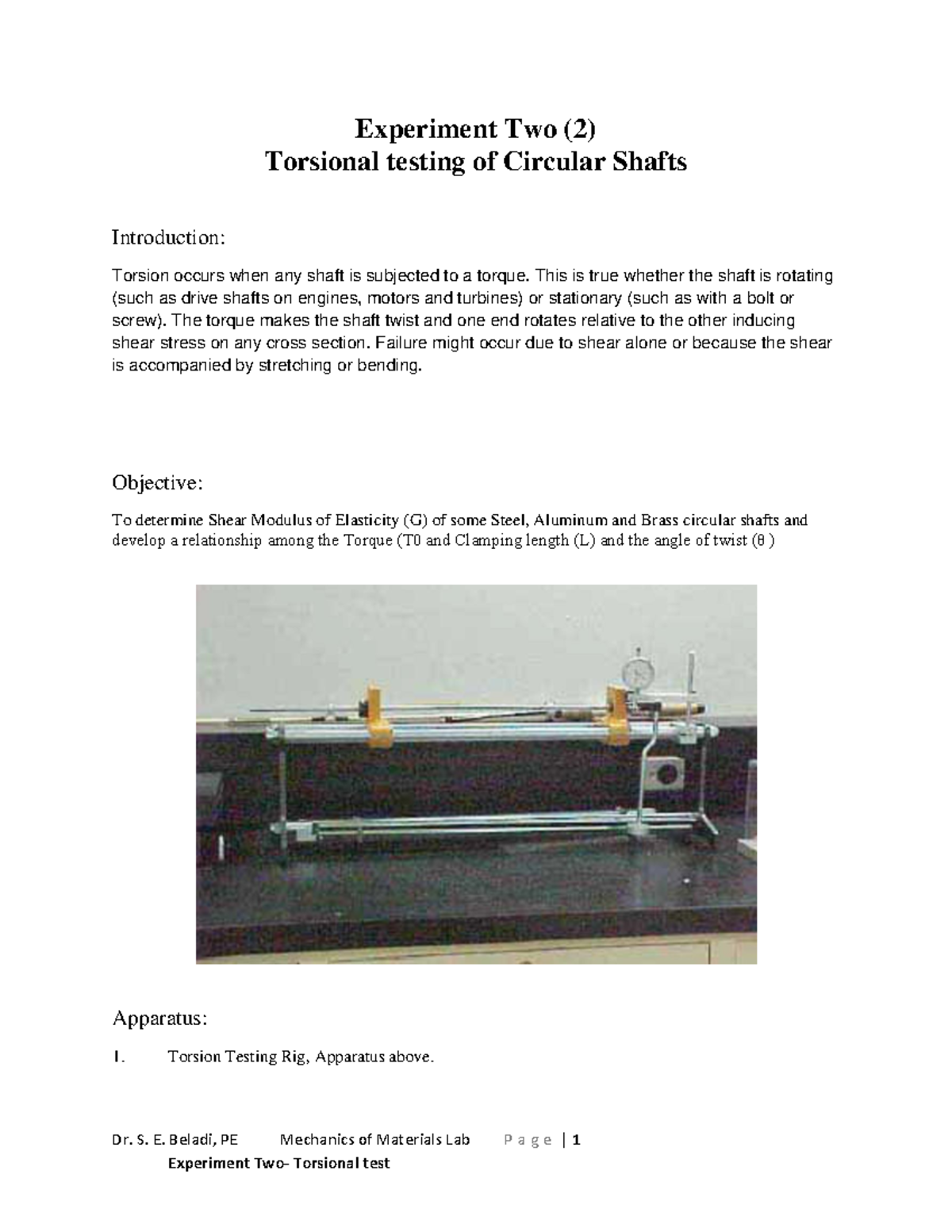 2.LAb Manual for Torsion Experiment Two-v2 - Dr. S. E. Beladi, PE ...
