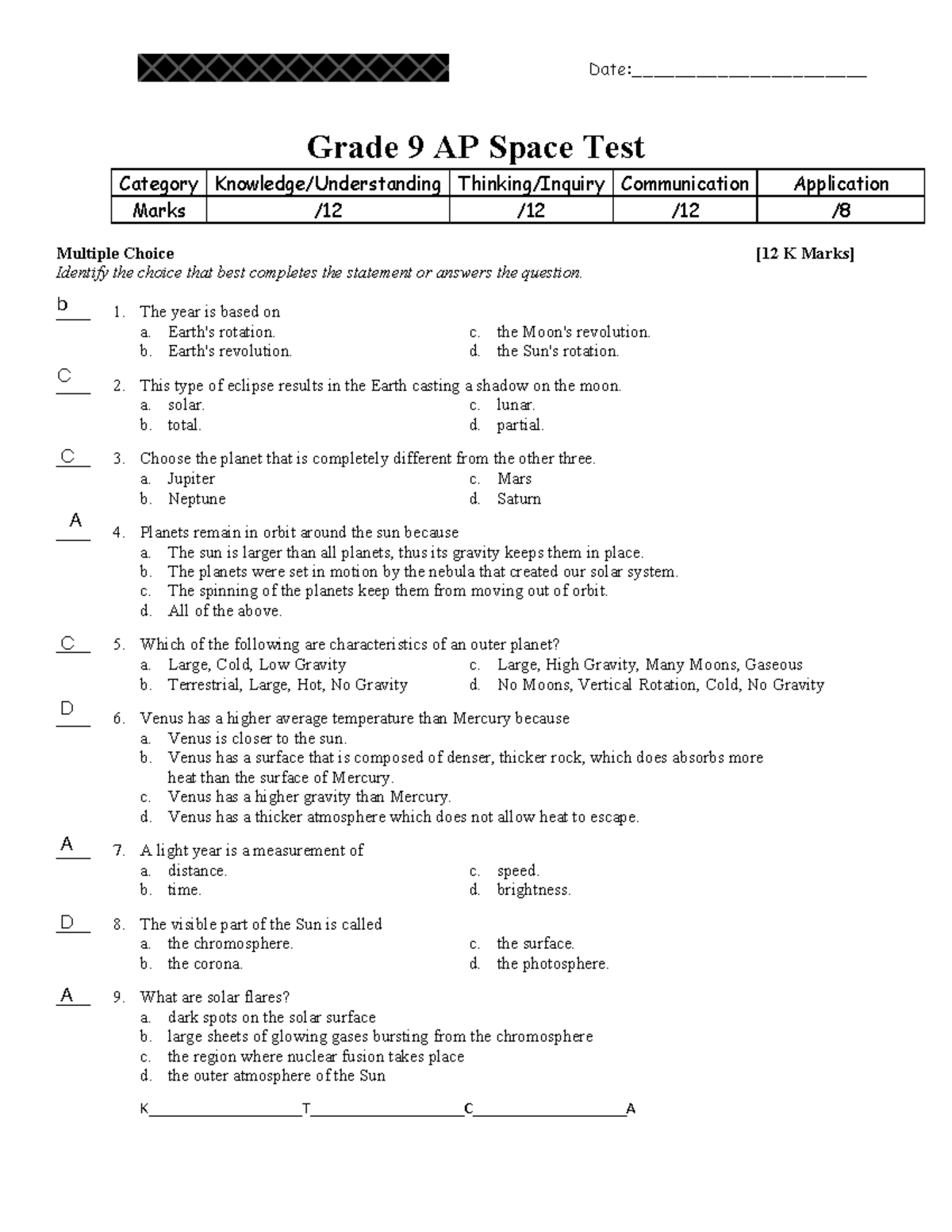 Grade 9 AP Space Test - Name:________________________ Date ...