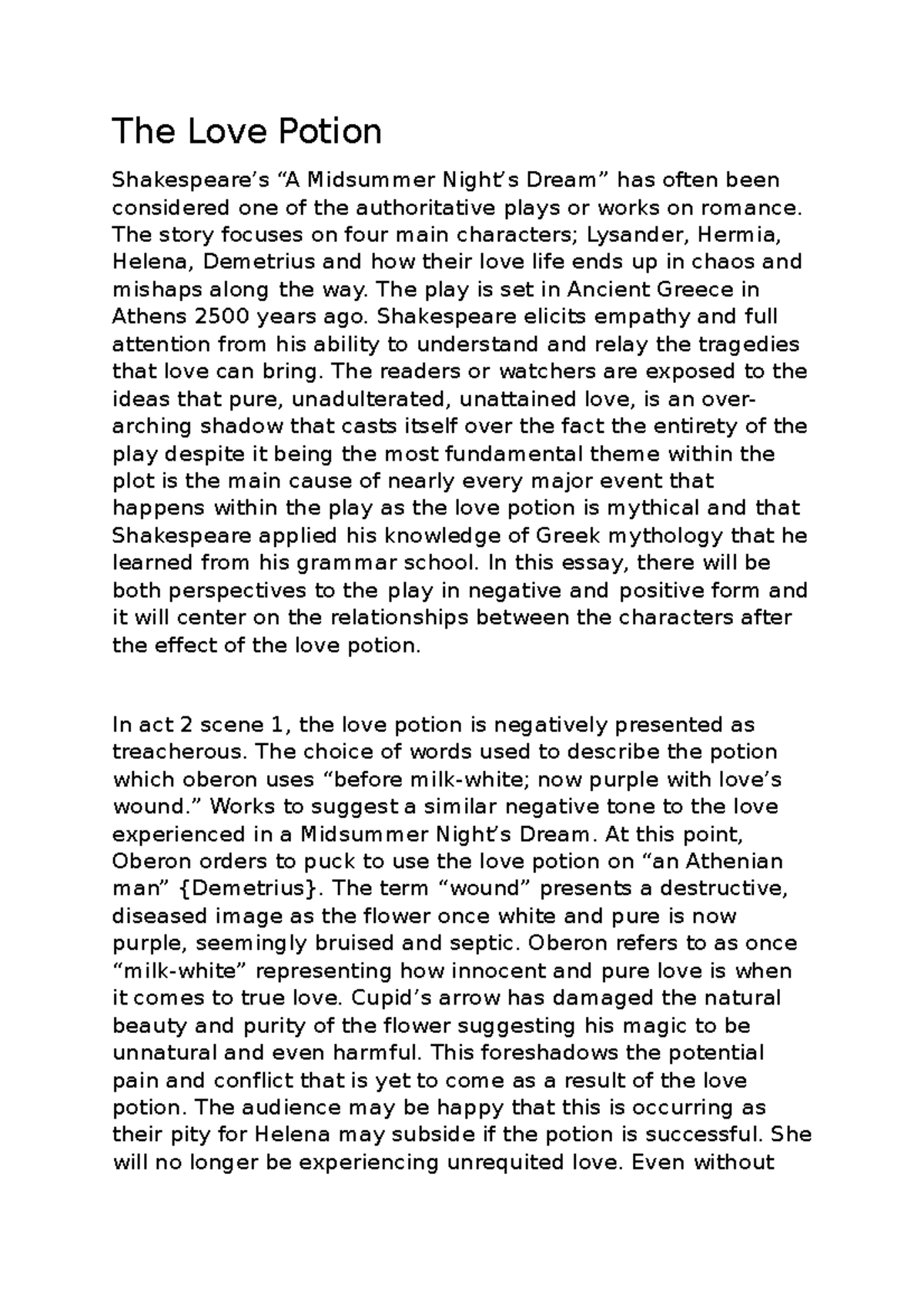 The Love Potion essay - The Love Potion Shakespeare’s “A Midsummer ...