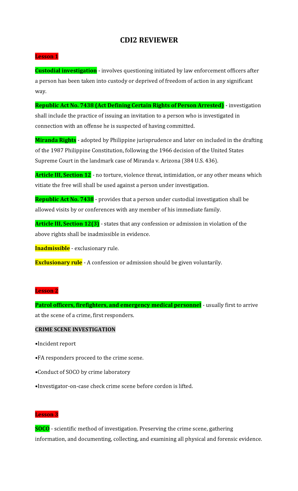 CDI2 Reviewer - CDI2 REVIEWER Lesson 1 Custodial investigation ...