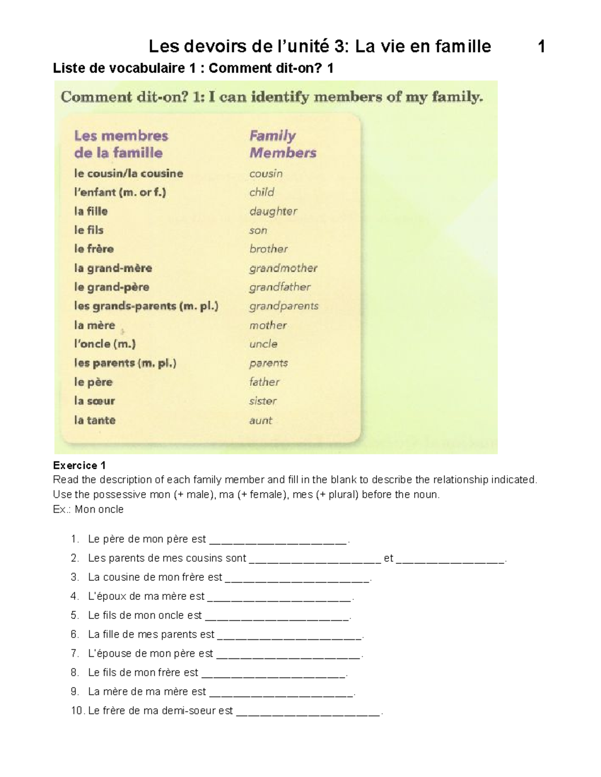 Les devoirs - french - Liste de vocabulaire 1 : Comment dit-on? 1 ...