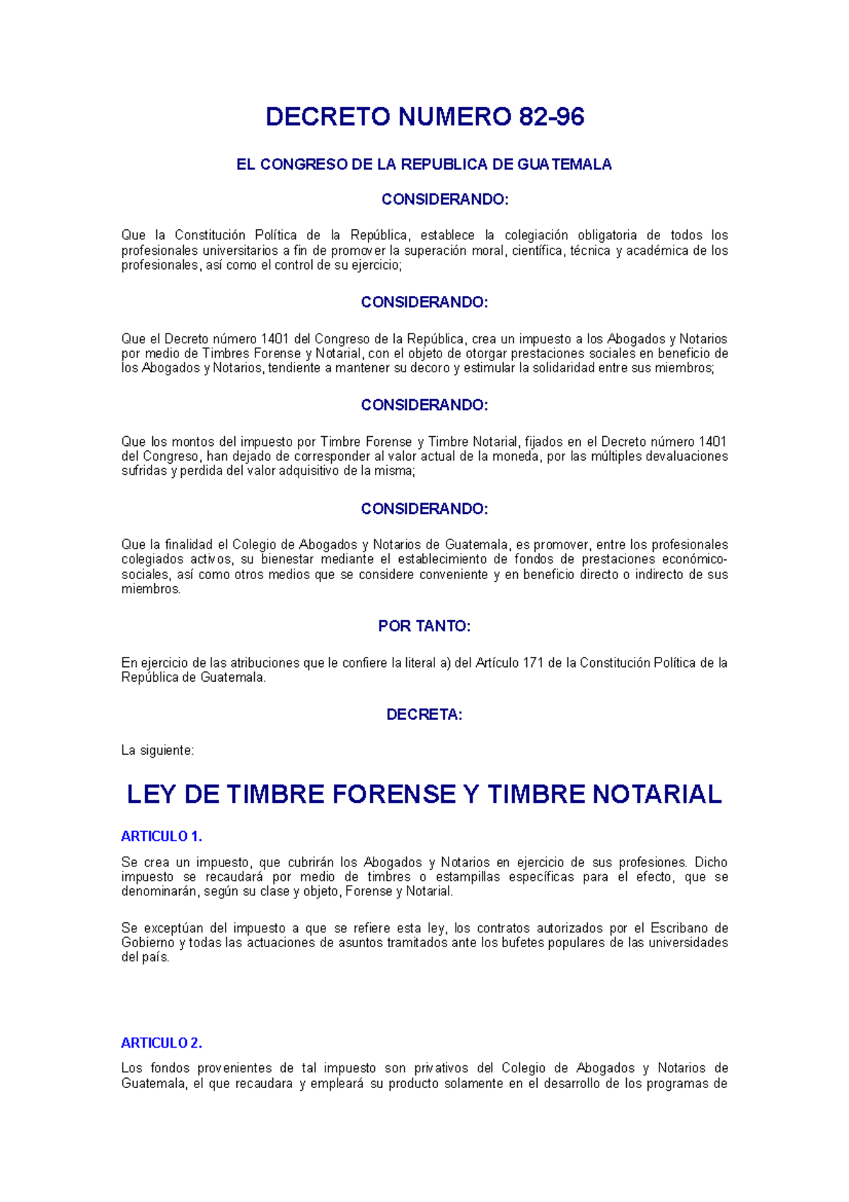 LEY DEL Timbre Forense Y Notarial Decreto 82-96 - Derecho notarial ...