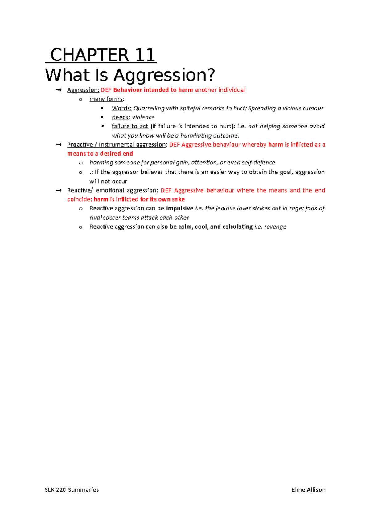 Chapter 11 - CHAPTER 11 What Is Aggression? Aggression: DEF Behaviour ...