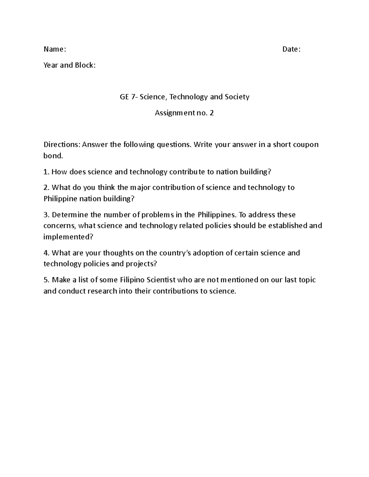 Assignment 2 in STS - Science - Name: Date: Year and Block: GE 7 ...