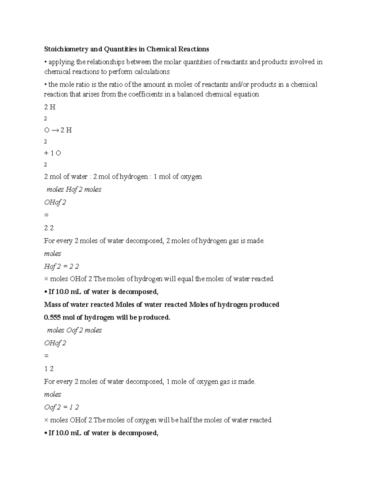 Stoichiometry and Quantities in Chemical Reactions - moles Hof 2 = 2 2 ...