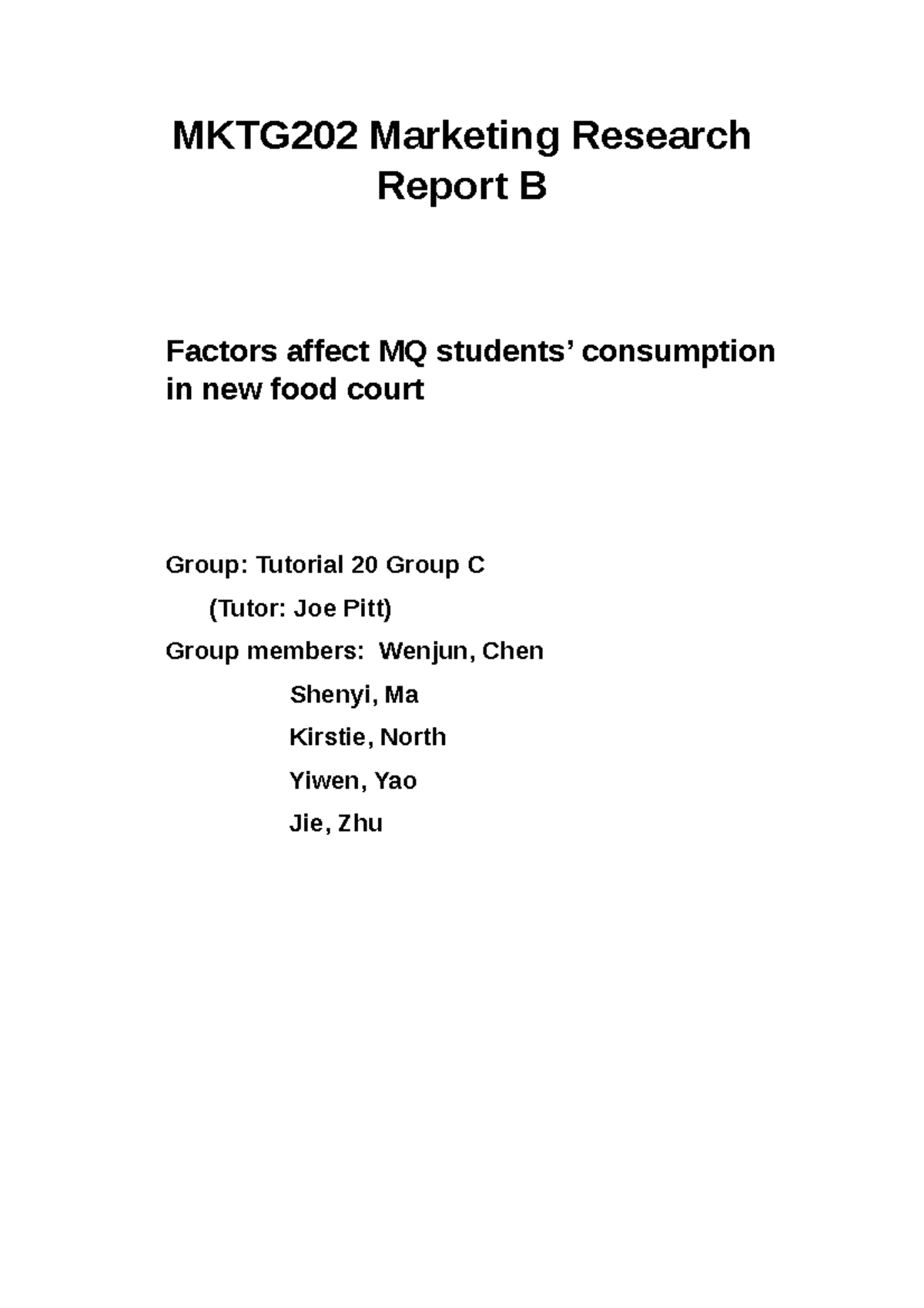 MKTG 202 Report B - example essay - MKTG202 Marketing Research Report B ...