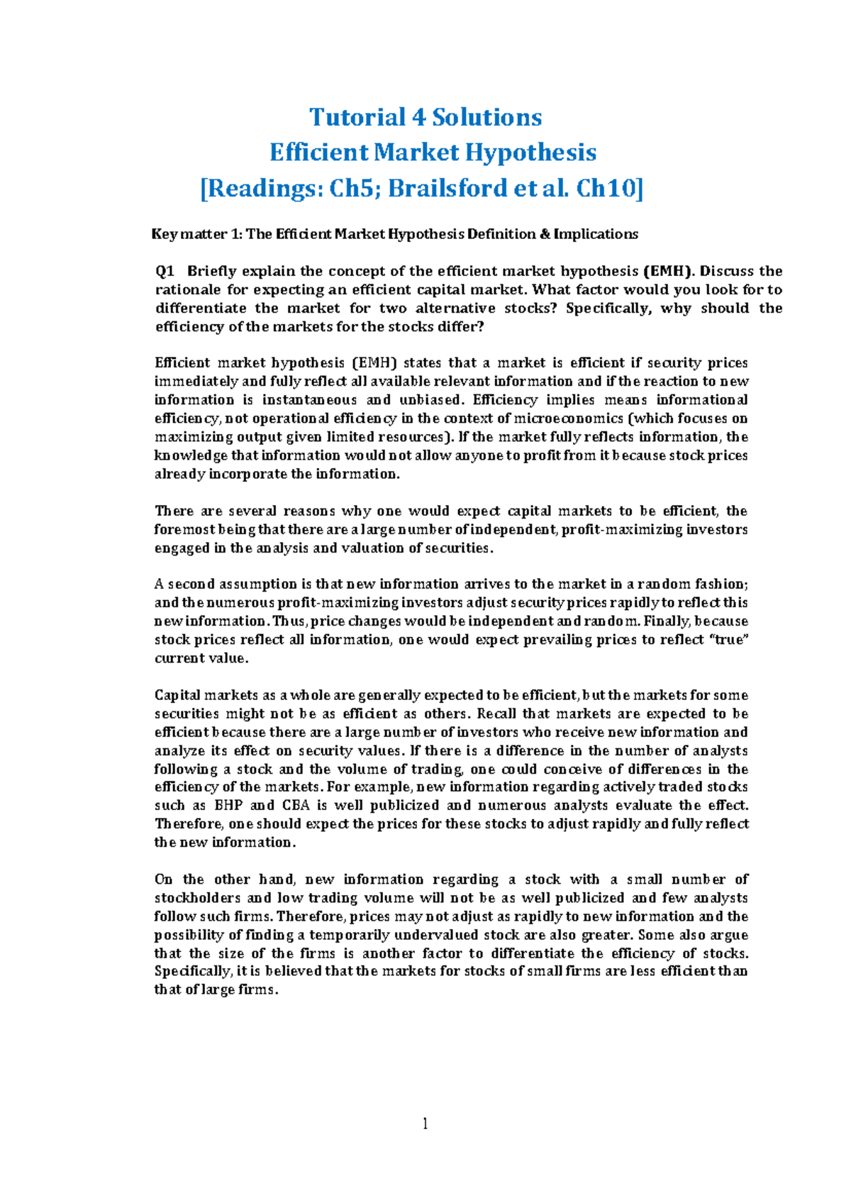 EMH Tutorial Solutions - Tutorial 4 Solutions Efficient Market Hypothesis [Readings: Ch5 ...