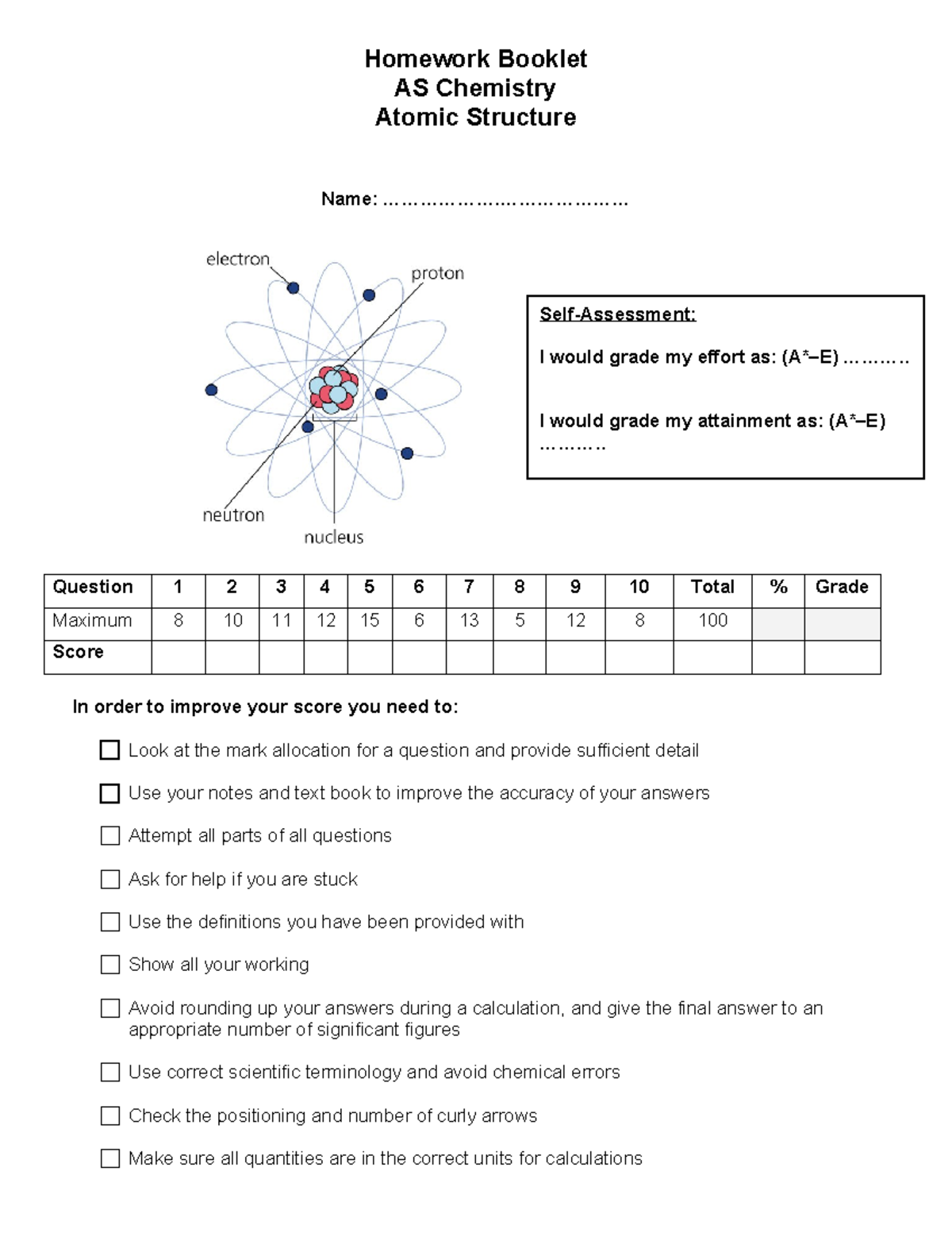 AS-Atomic-Structure-HWK-booklet - Homework Booklet AS Chemistry Atomic ...