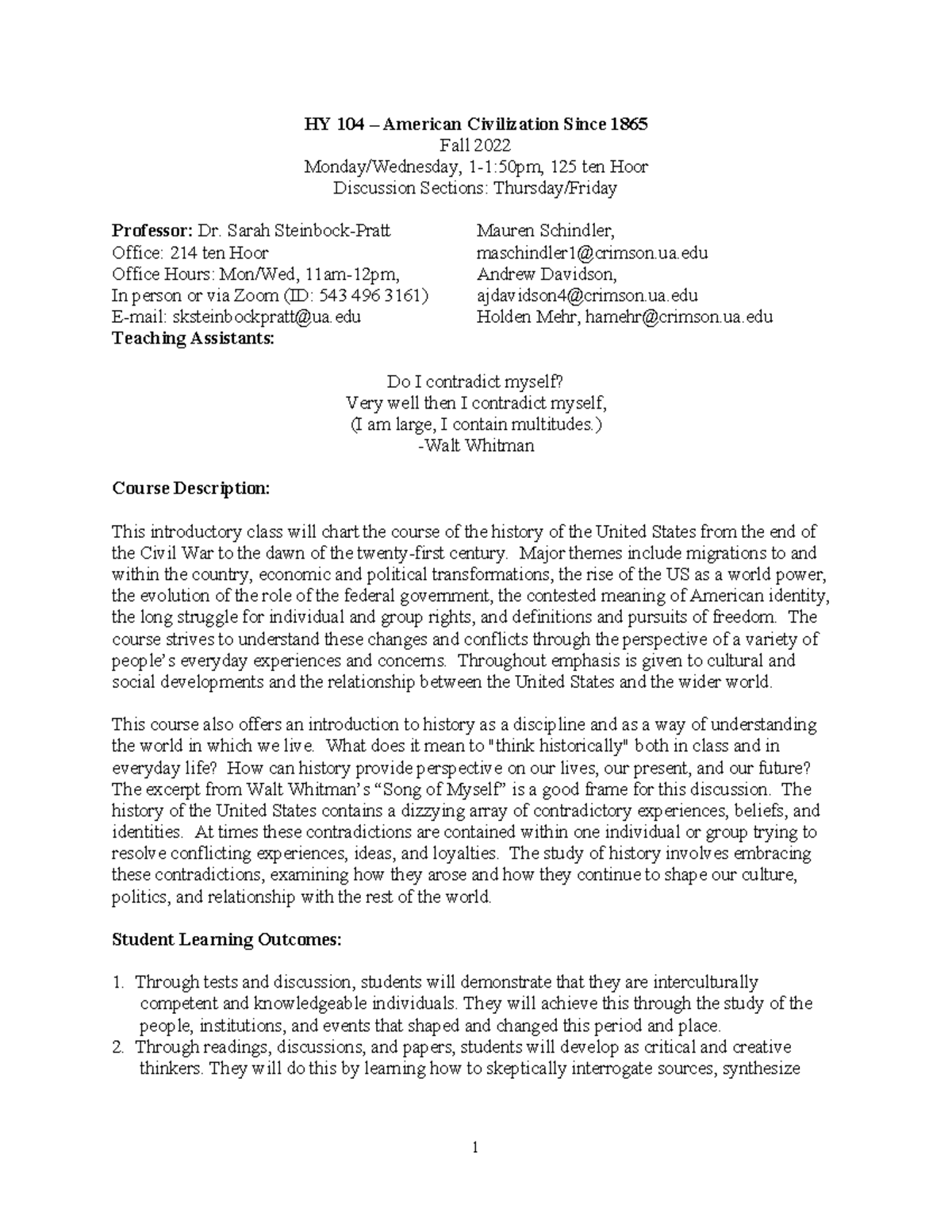 HY 104 Syllabus Fall 2022 - HY 104 – American Civilization Since 1865 ...