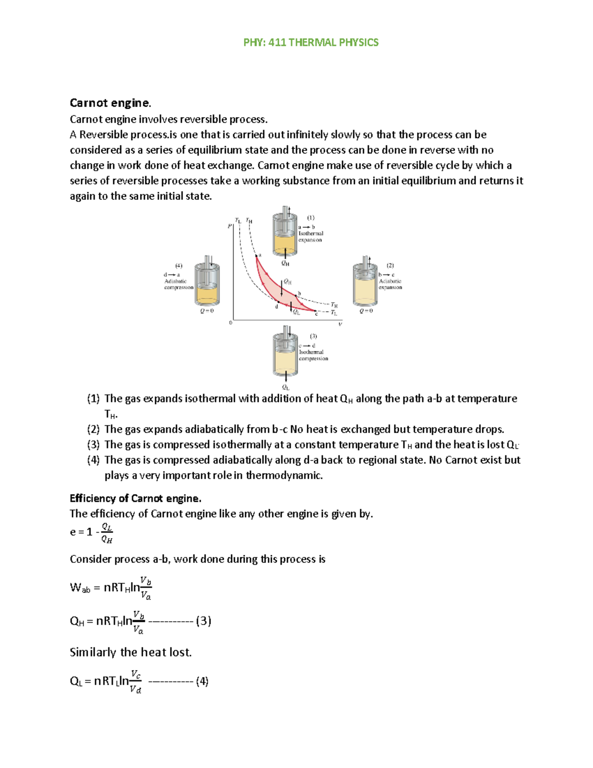 Derivation of Carnot efficiency - PHY: 411 THERMAL PHYSICS Carnot engine. Carnot engine involves ...