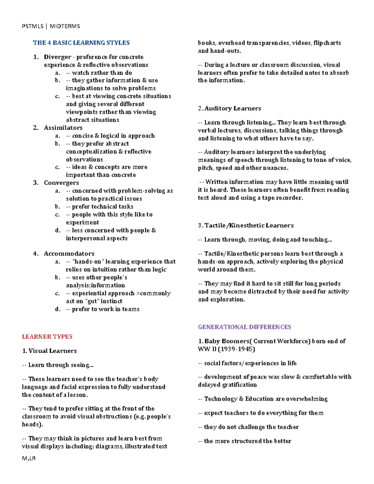 Pstmls Midterm- Transes - THE 4 BASIC LEARNING STYLES Diverger ...