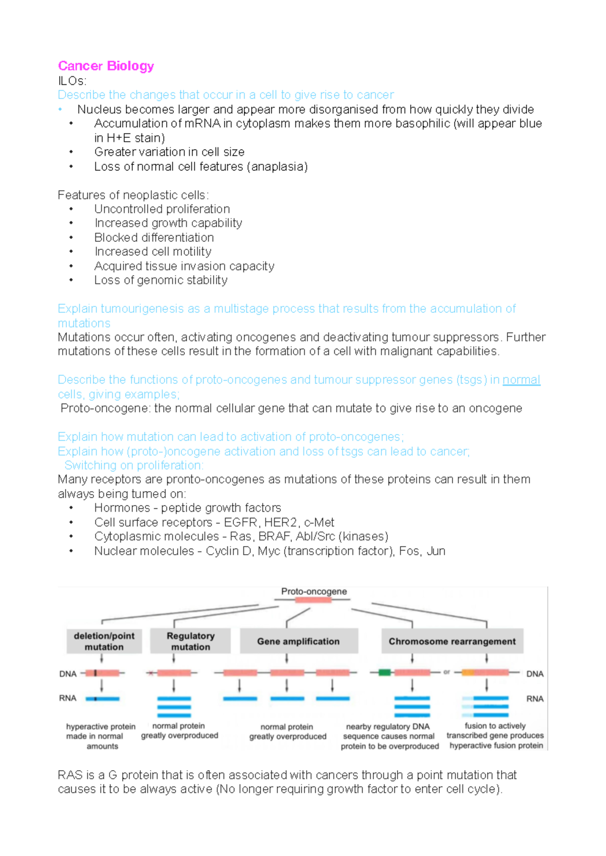 Cancer biology notes - Cancer Biology ILOs: Describe the changes that ...