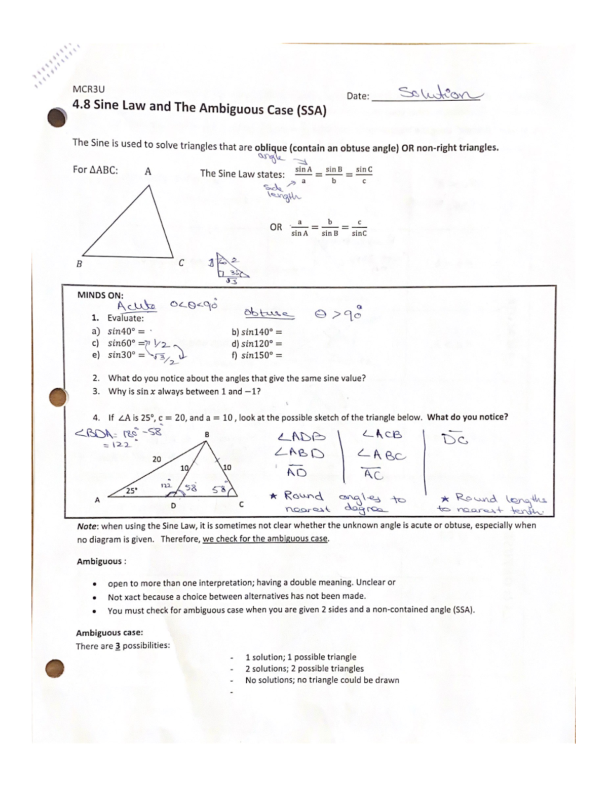 4.8 Sine Law and The Ambiguous Case (SSA) - Solution - Studocu