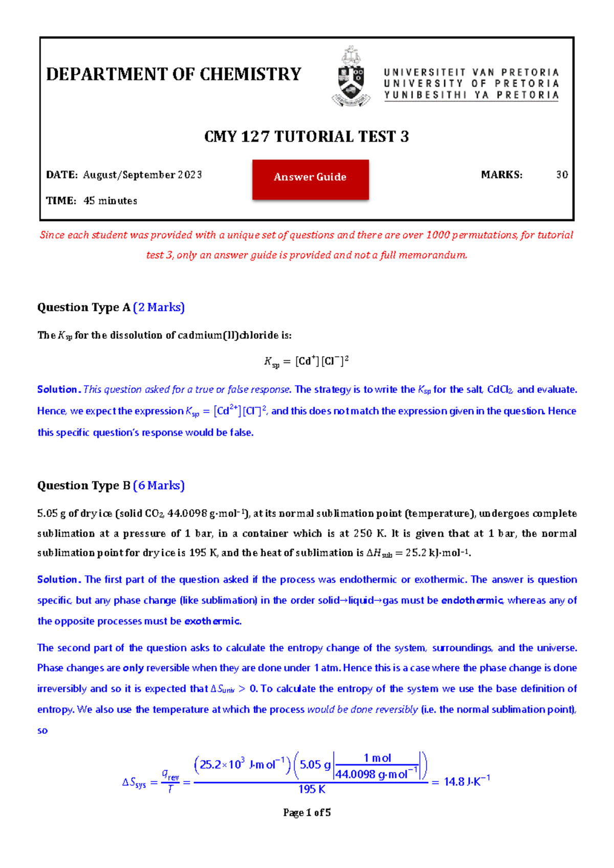 Tutorial Test 3 Answer Guide - DEPARTMENT OF CHEMISTRY CMY 127 TUTORIAL ...