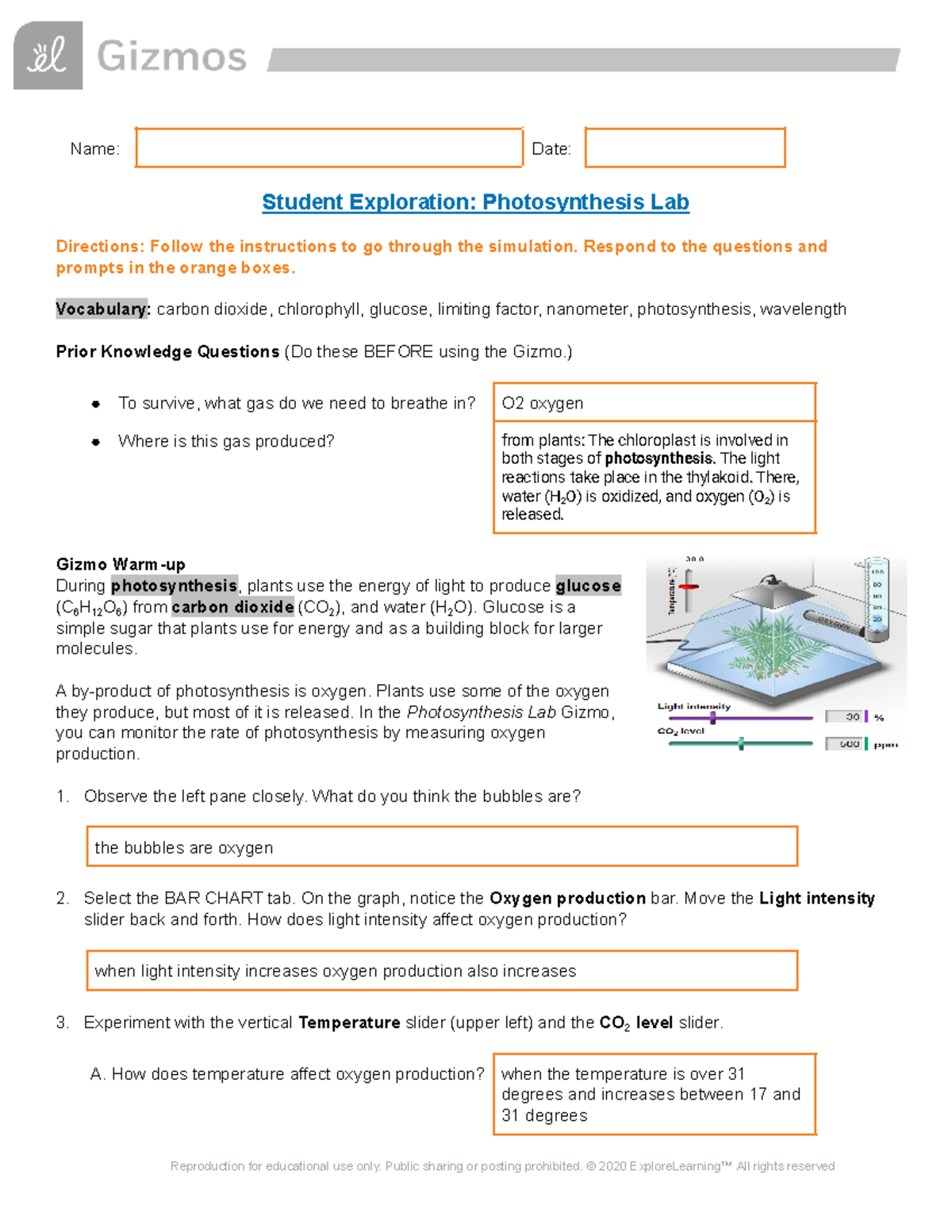Photosynthesis Lab SE Name Date Student Exploration Photosynthesis