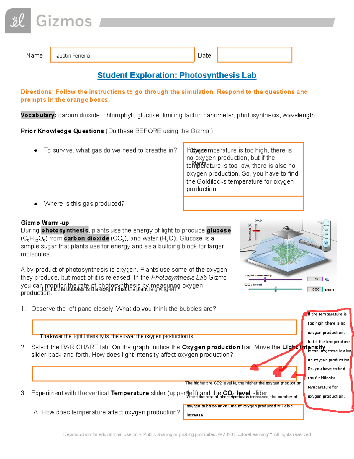 Photosynthesis Lab Gizmo - Name: Date: Student Exploration ...