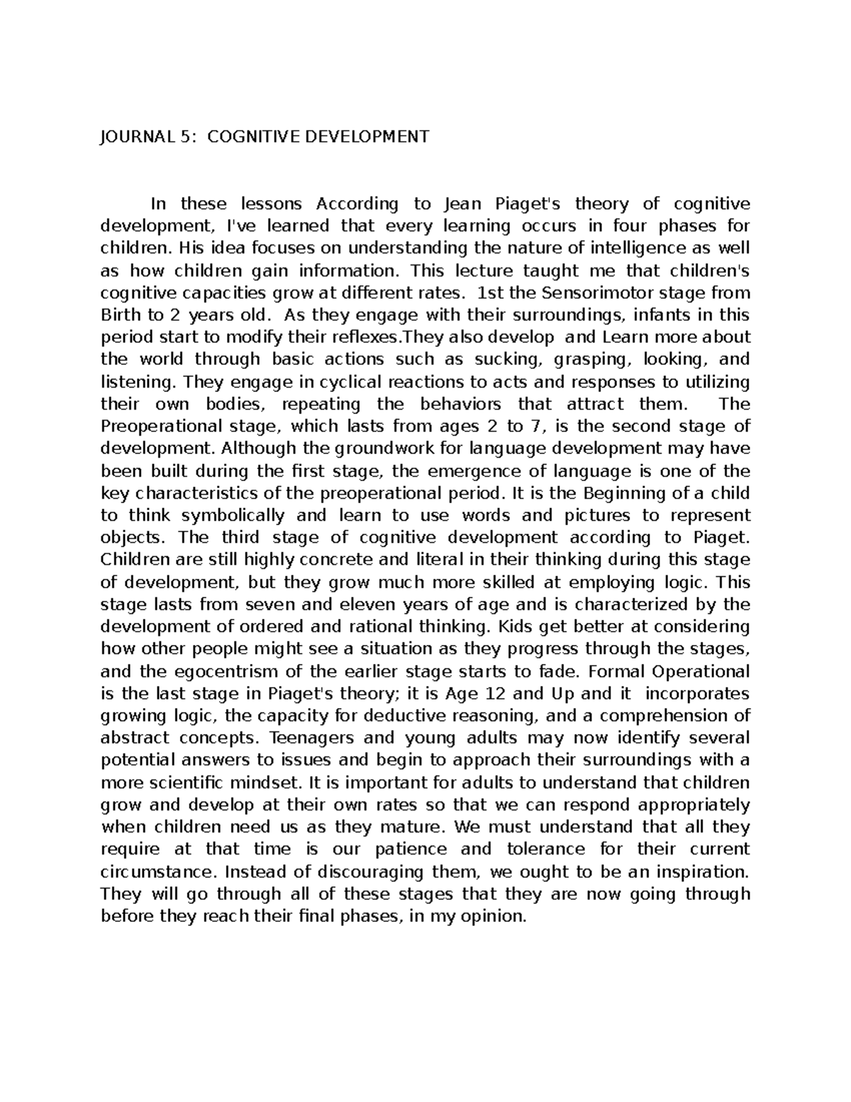 Journal 5 Cognitive Development - JOURNAL 5: COGNITIVE DEVELOPMENT In ...