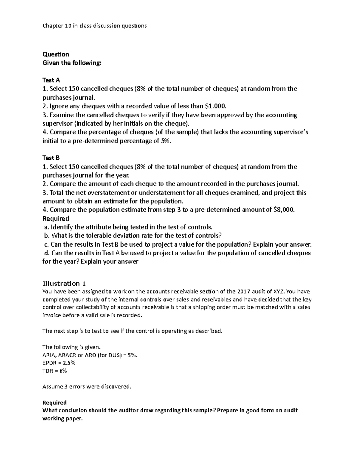 Chapter 10 In Class Discussion Questions - Quesion Given the following ...