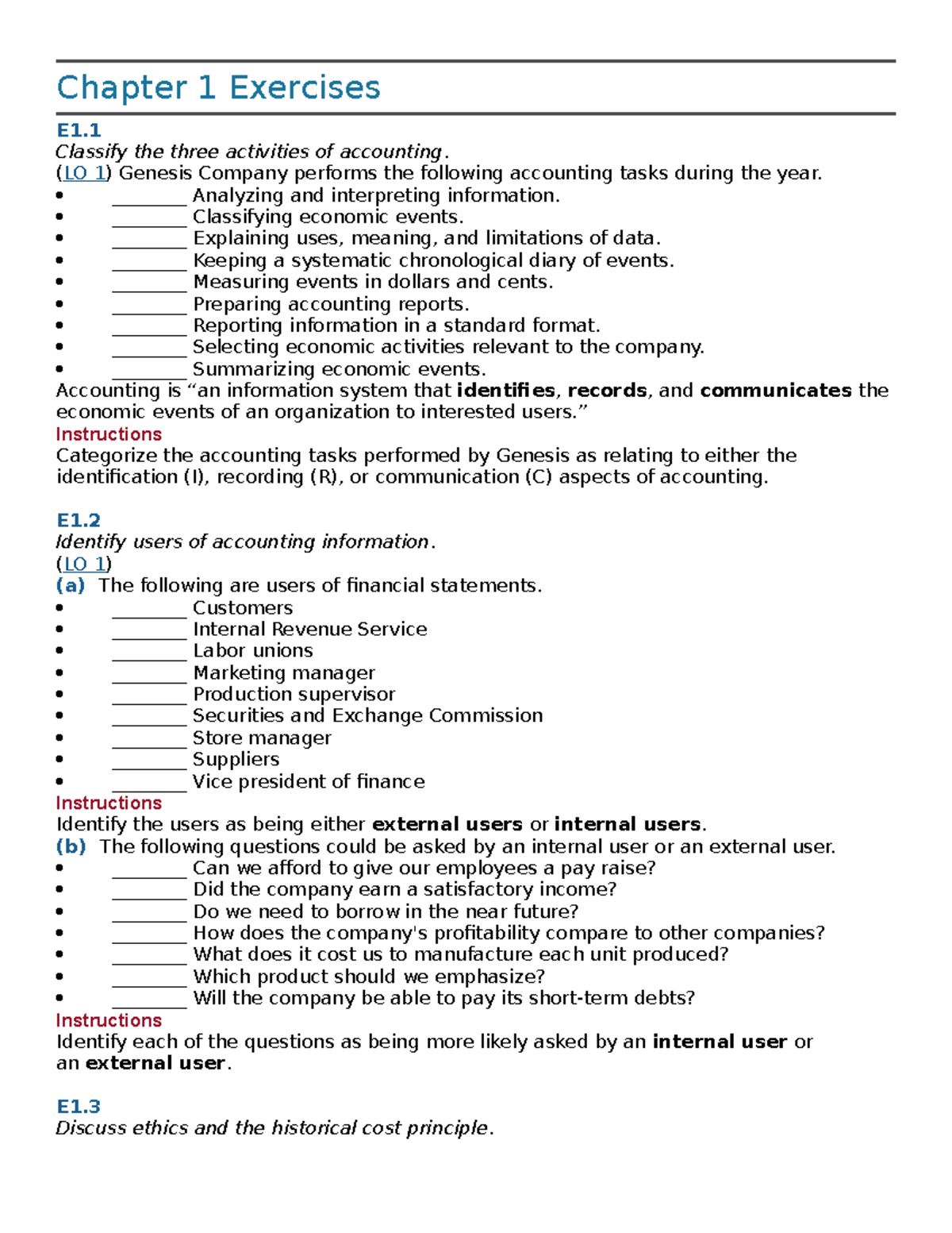 Chapter 1 Exercises - Accounting - Chapter 1 Exercises E1. Classify the ...