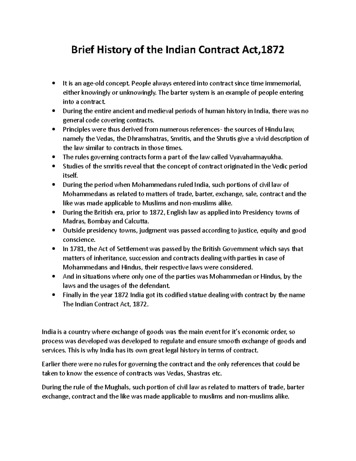 Introtocontract - NOTES - Brief History of the Indian Contract Act, It ...