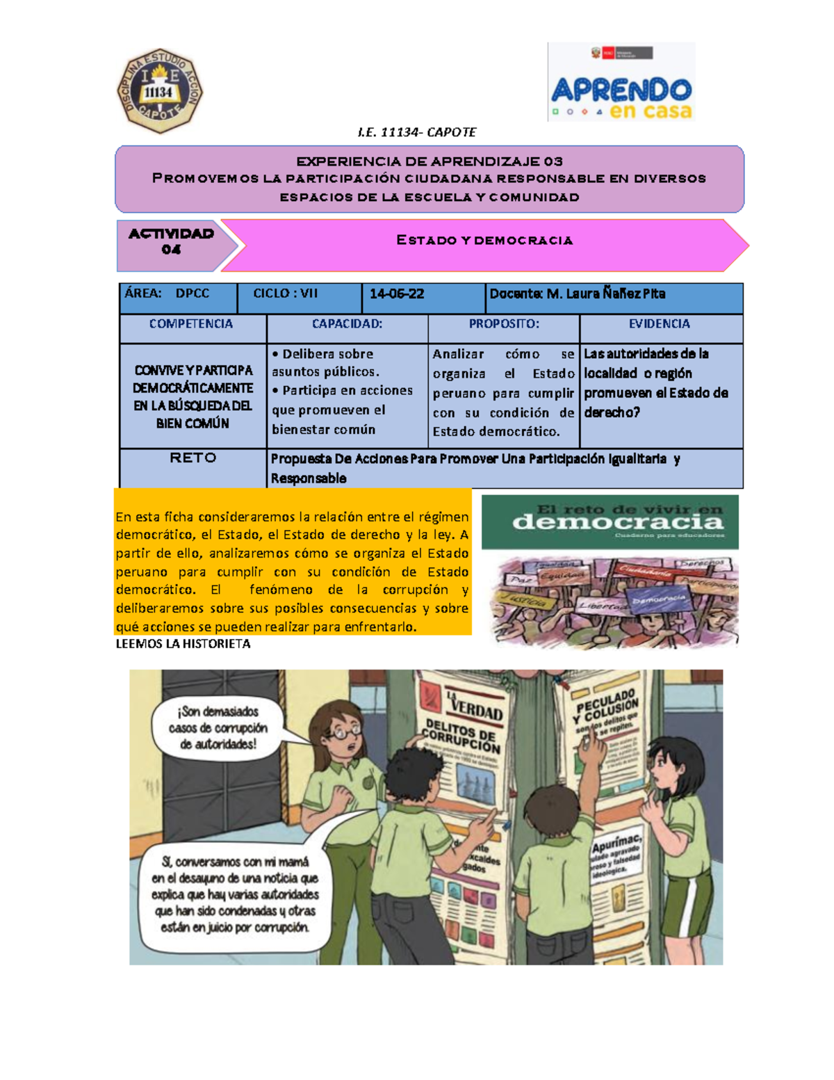 Exper Apren DPCC 03 ACT 4 de 3ero - ¡REA: DPCC CICLO : VII 14 - 06 - 22 Docente: M. Laura —aÒez ...