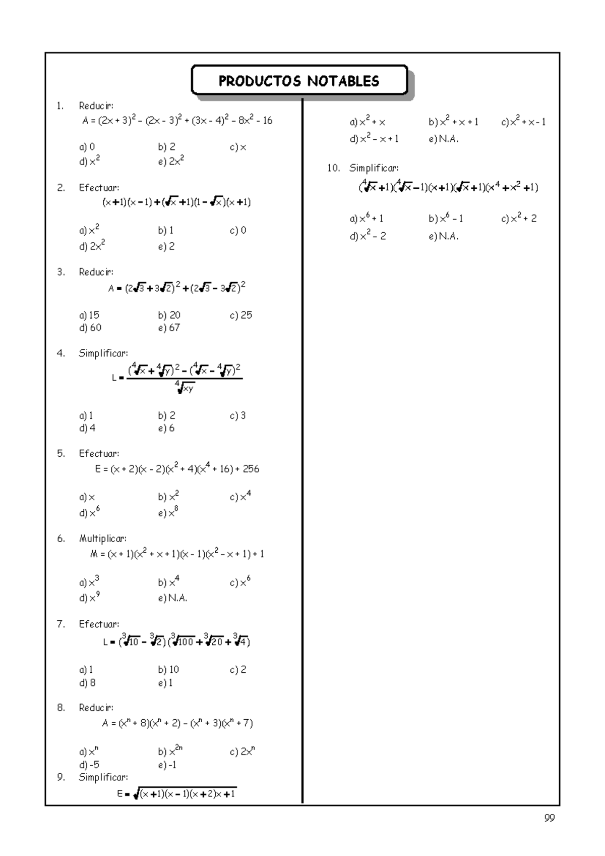 Algebra PARA Principiantes - 99 PRODUCTOS NOTABLES Reducir: A = (2x + 3 ...