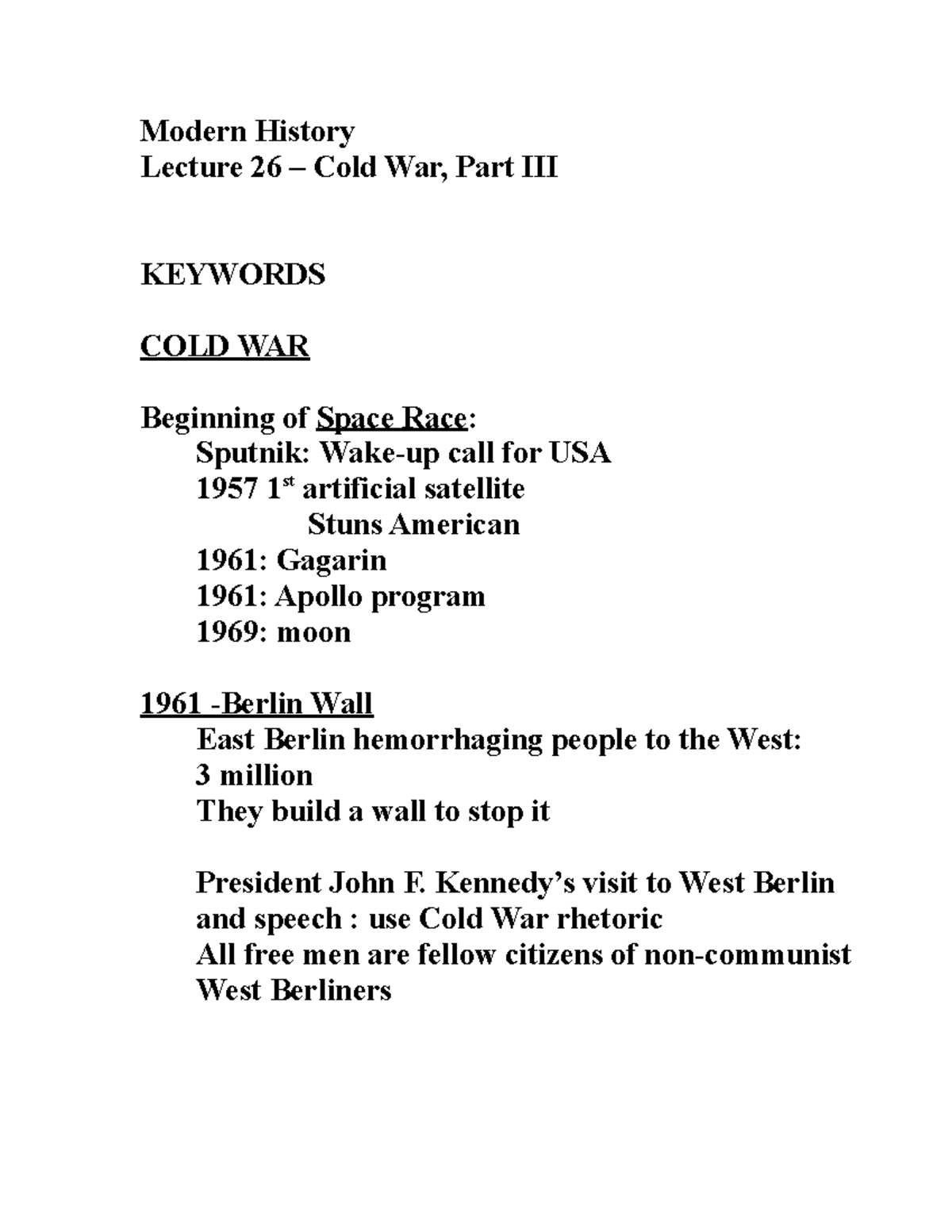 KW-Lecture 26 - Modern history notes - Modern History Lecture 26 – Cold ...