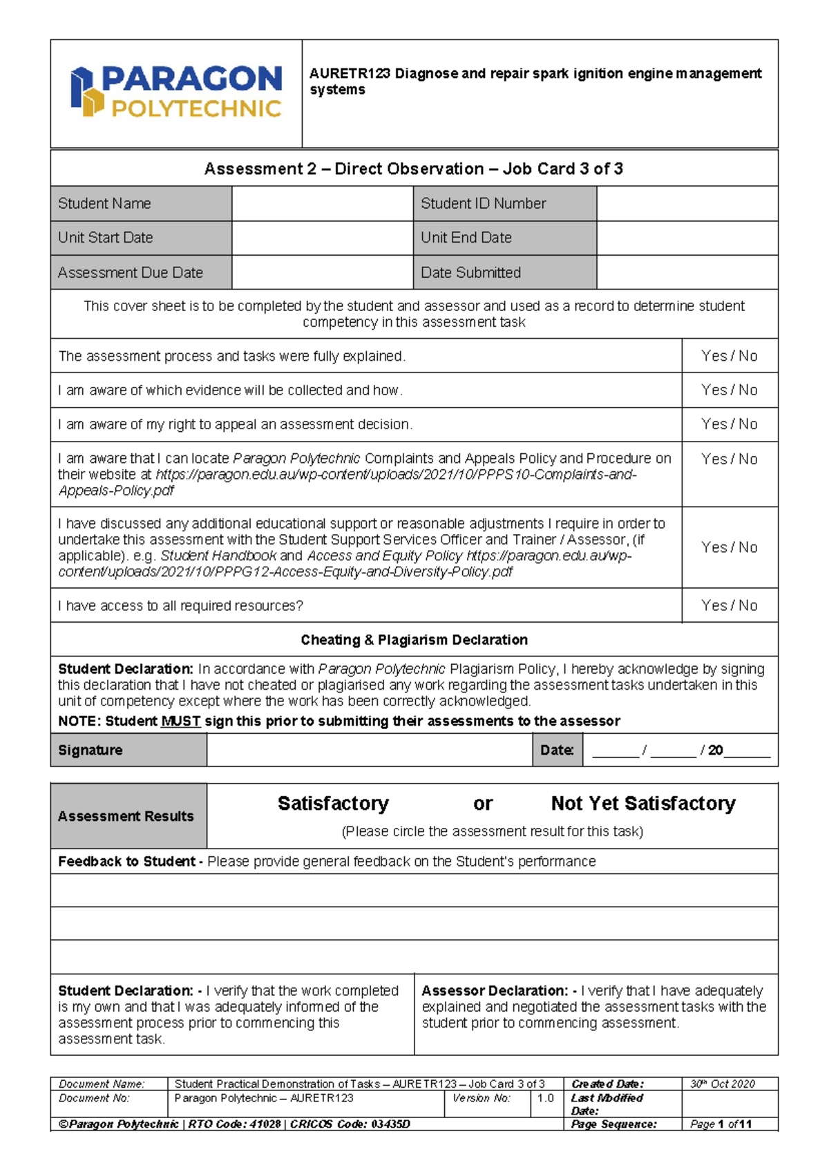Auretr 123 Student Assessment 2 Job Card 3 - systems Assessment 2 ...