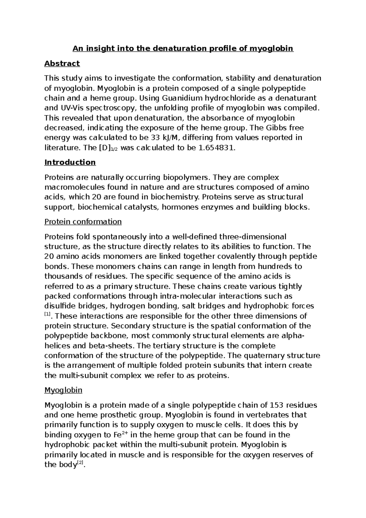 Practical 2 - An insight into the denaturation profile of myoglobin ...
