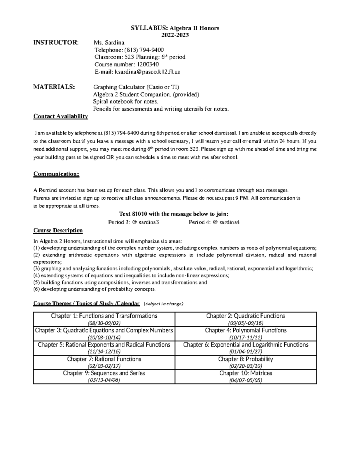 Algebra II Honors 22-23 Syllabus (1)-1 - SYLLABUS: Algebra II Honors ...