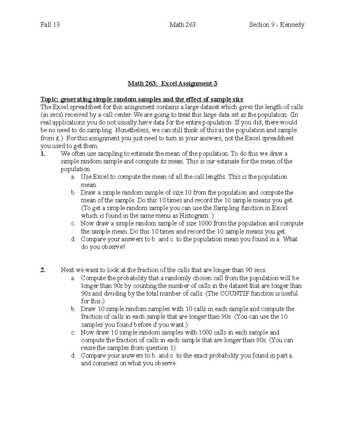 Assign 3 - Fall 13 Math 263 Section 9 Kennedy Math 263: Excel ...